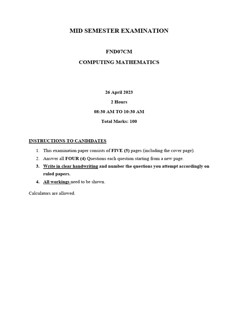 MID SEMESTER EXAMINATION - Apr2023 | PDF | Mathematics | Applied Mathematics