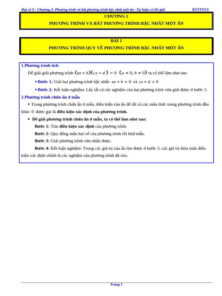 Cac Dang Bai Tap Phuong Trinh Va Bat Phuong Trinh Bac Nhat Mot An Toan 9 Knttvcs | PDF