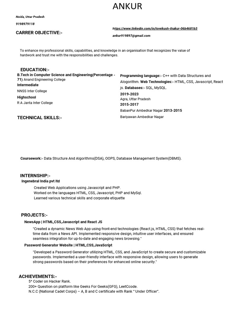 Ankur's Resume | PDF | Java Script | Databases