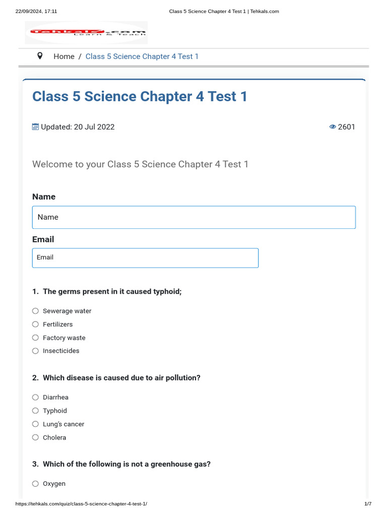 Class 5 Science Chapter 4 Test 1 | PDF | Pollution | Atmosphere Of Earth