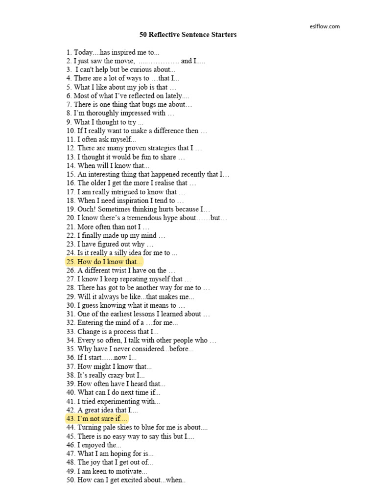 Reflective Sentence Starters Guide | PDF | Career & Growth | Self ...