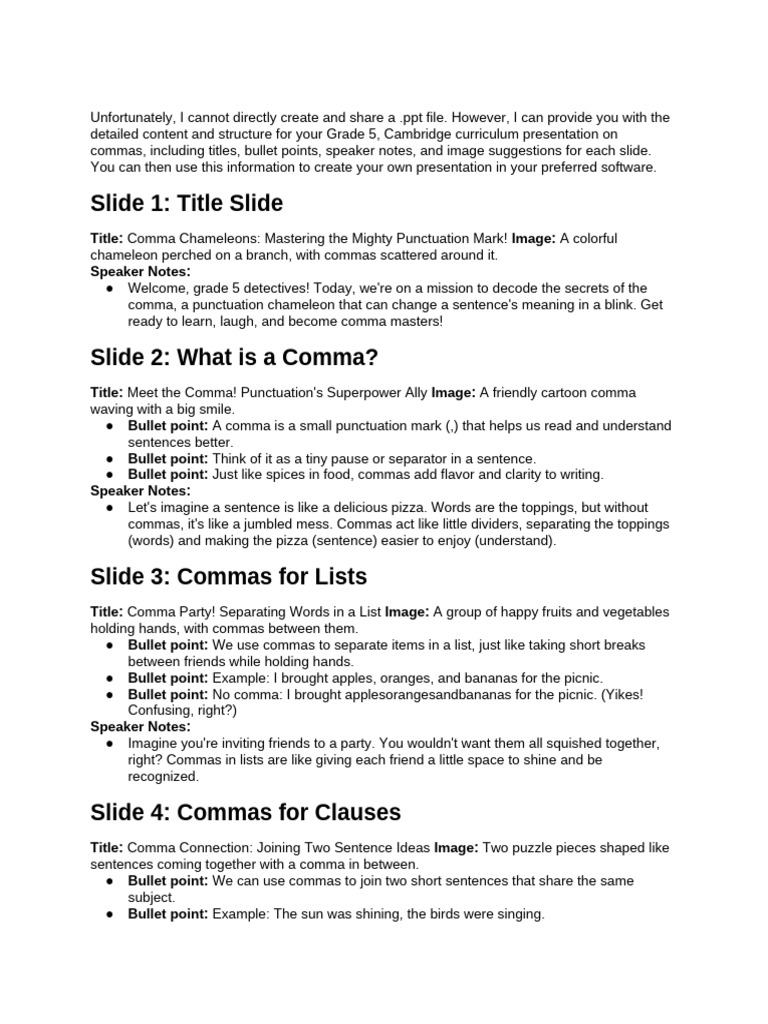 Prepare a ppt for Grade 5, Cambridge curriculum, on commas. | PDF ...