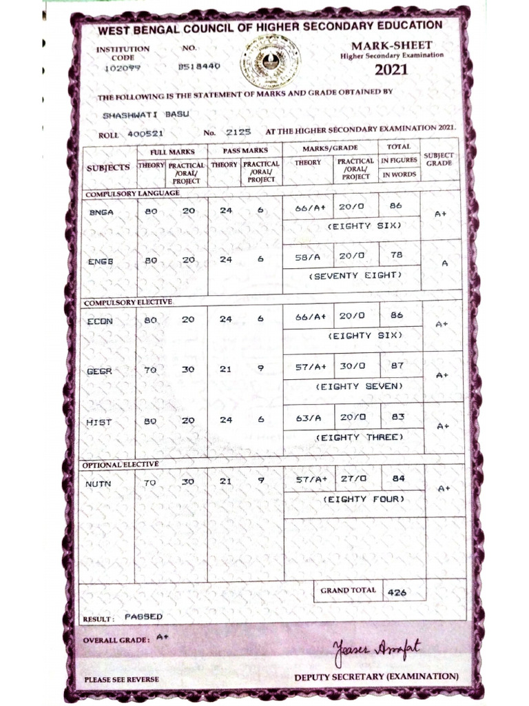 Hs Certificate Marksheet | PDF