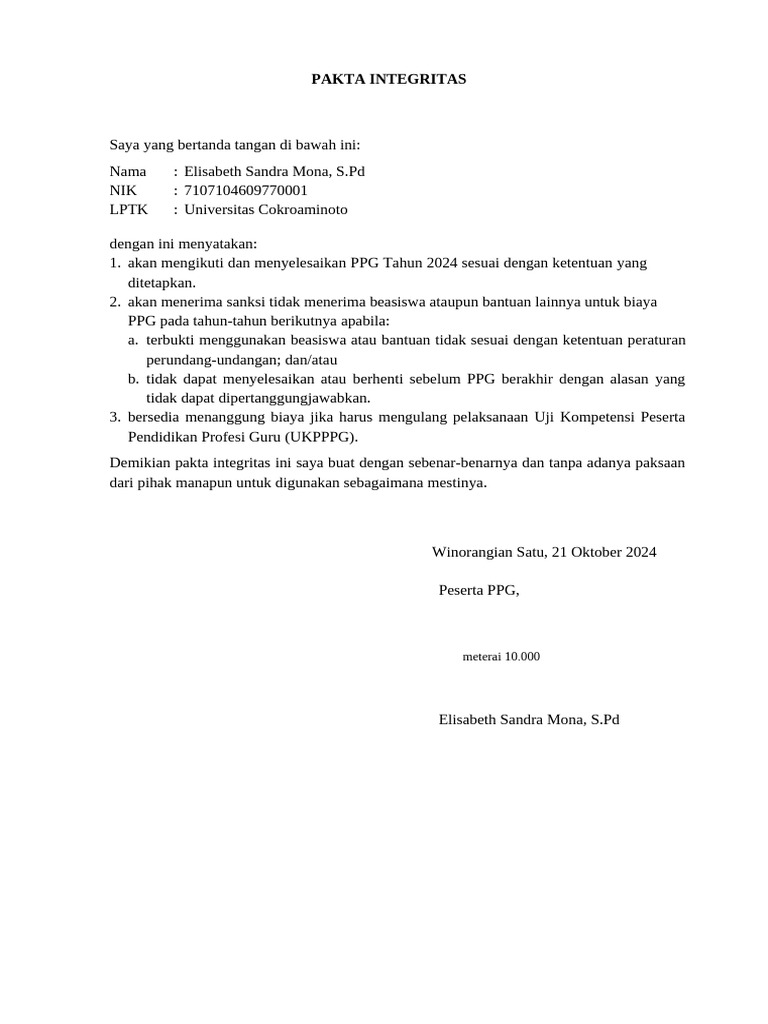 Pakta Integritas PPG 2024 Elisabeth | PDF