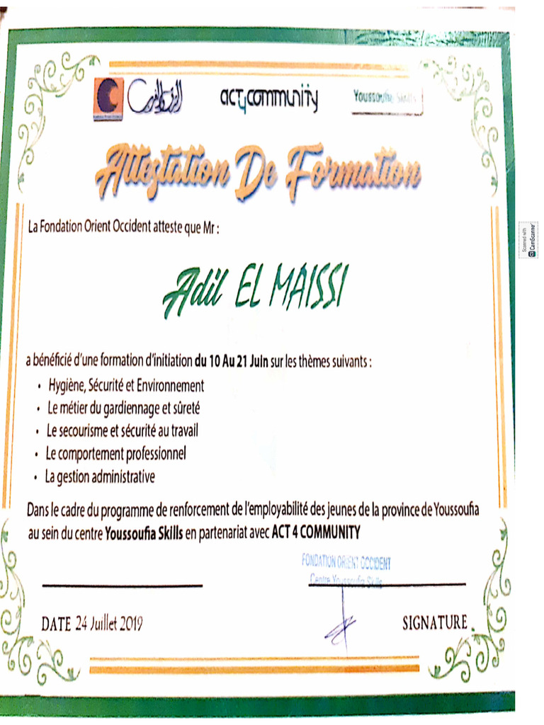Attestation de Formation Youssoufia Skills | PDF