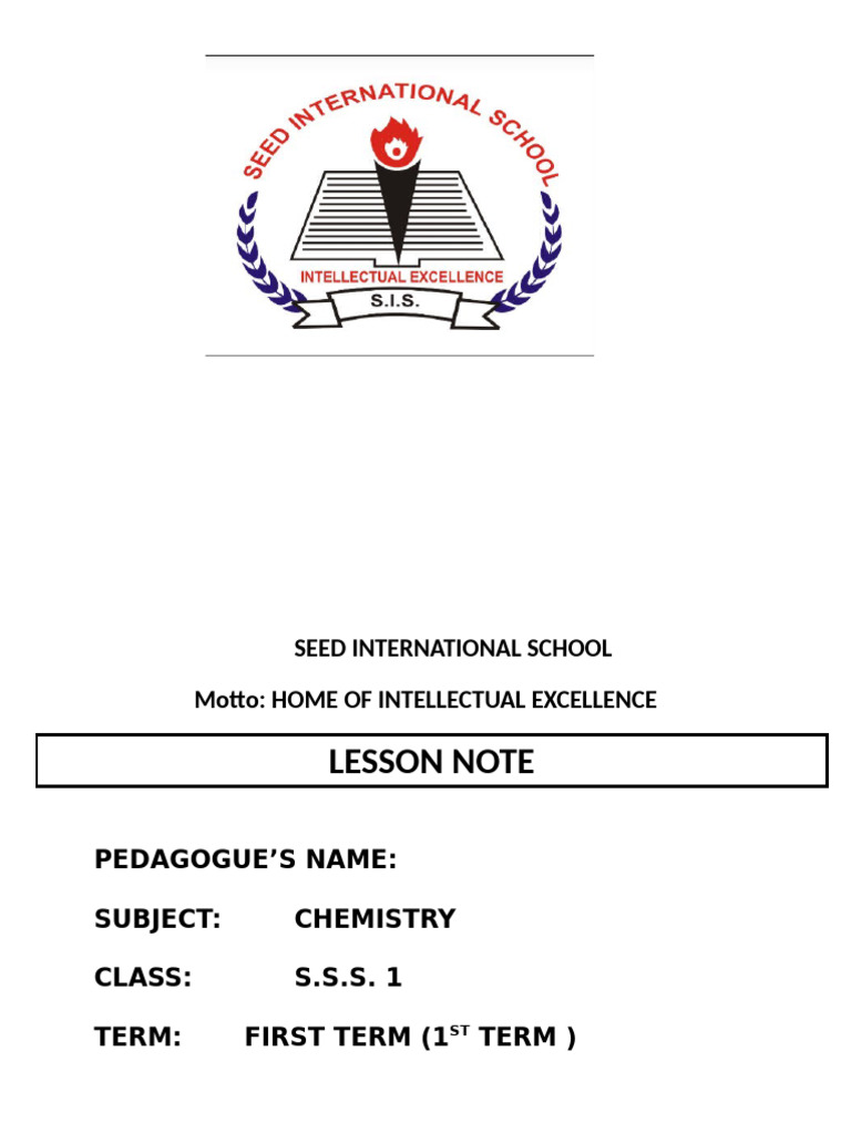 LESSON NOTE 1ST TERM SS1 CHEMISTRY | PDF | Chemical Compounds | Atoms