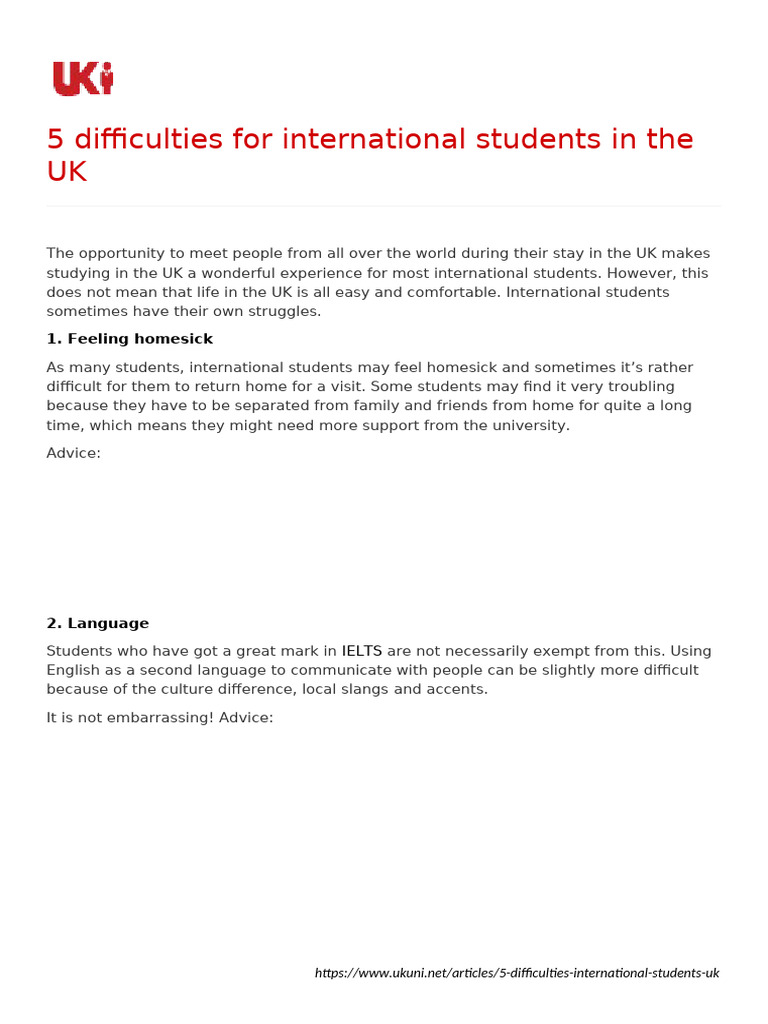 5 Difficulties For International Students in The UK - Incomplete | PDF ...