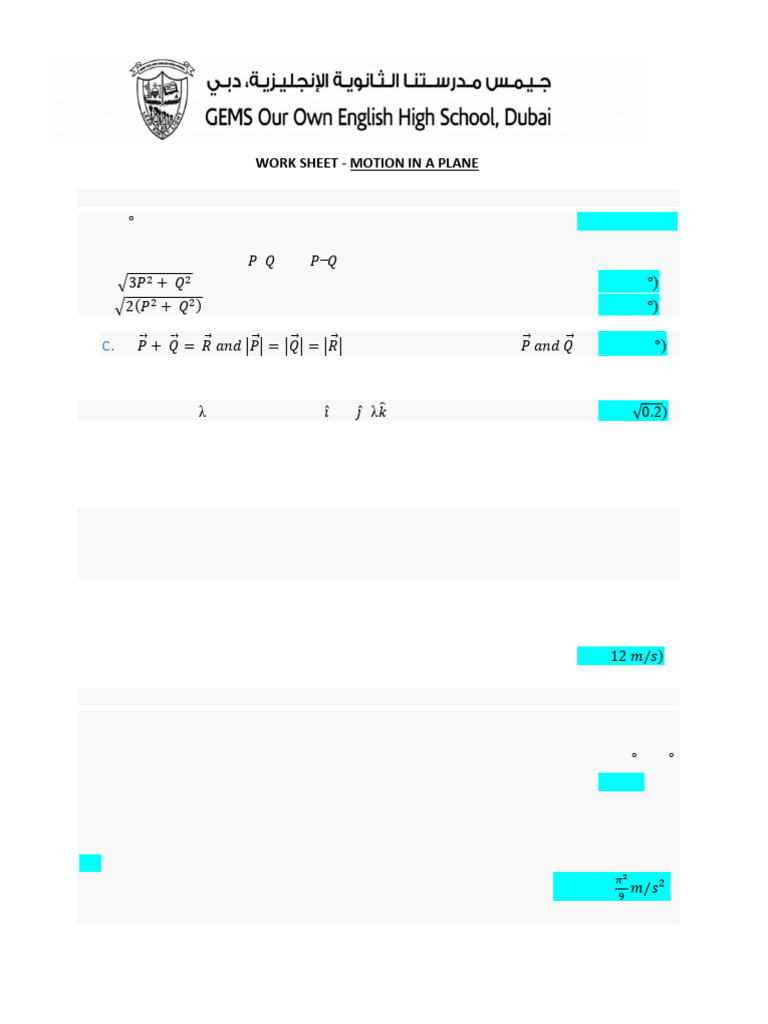Work Sheet - Motion in A Plane - 2024 | PDF | Acceleration | Applied ...