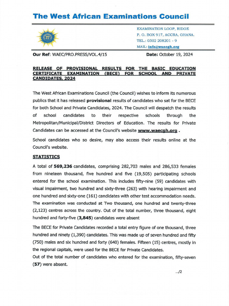 Release of Provisional Results. Bece 2024 | PDF