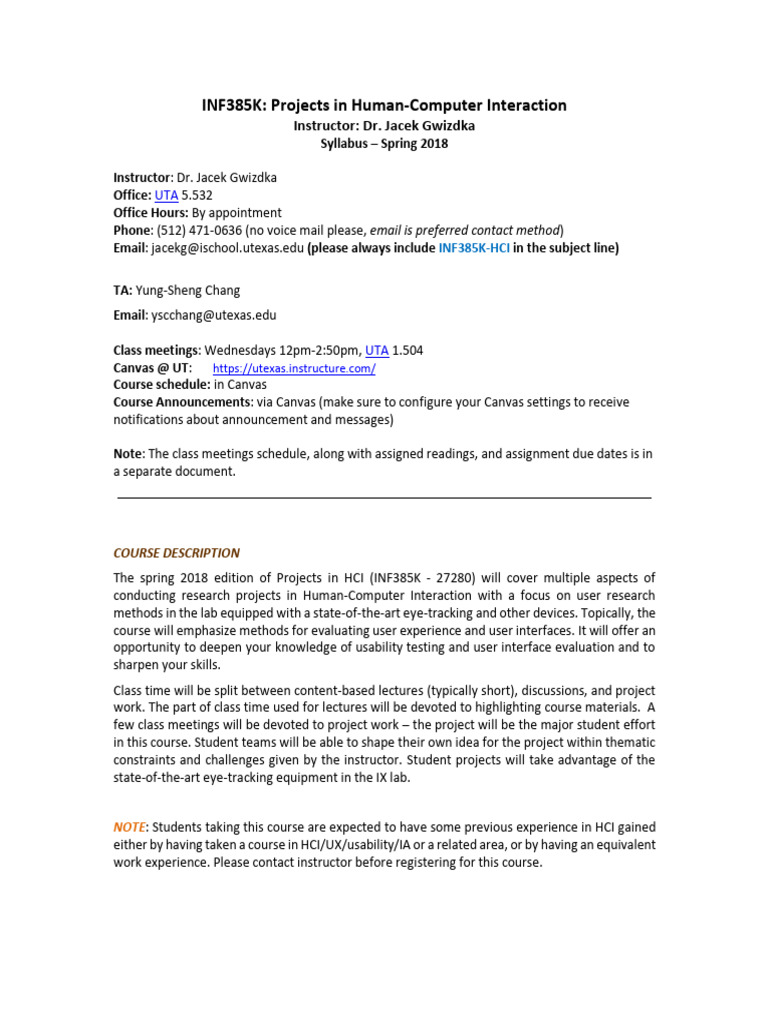 HCI Projects Syllabus Spring 2018 | PDF | Human–Computer Interaction ...