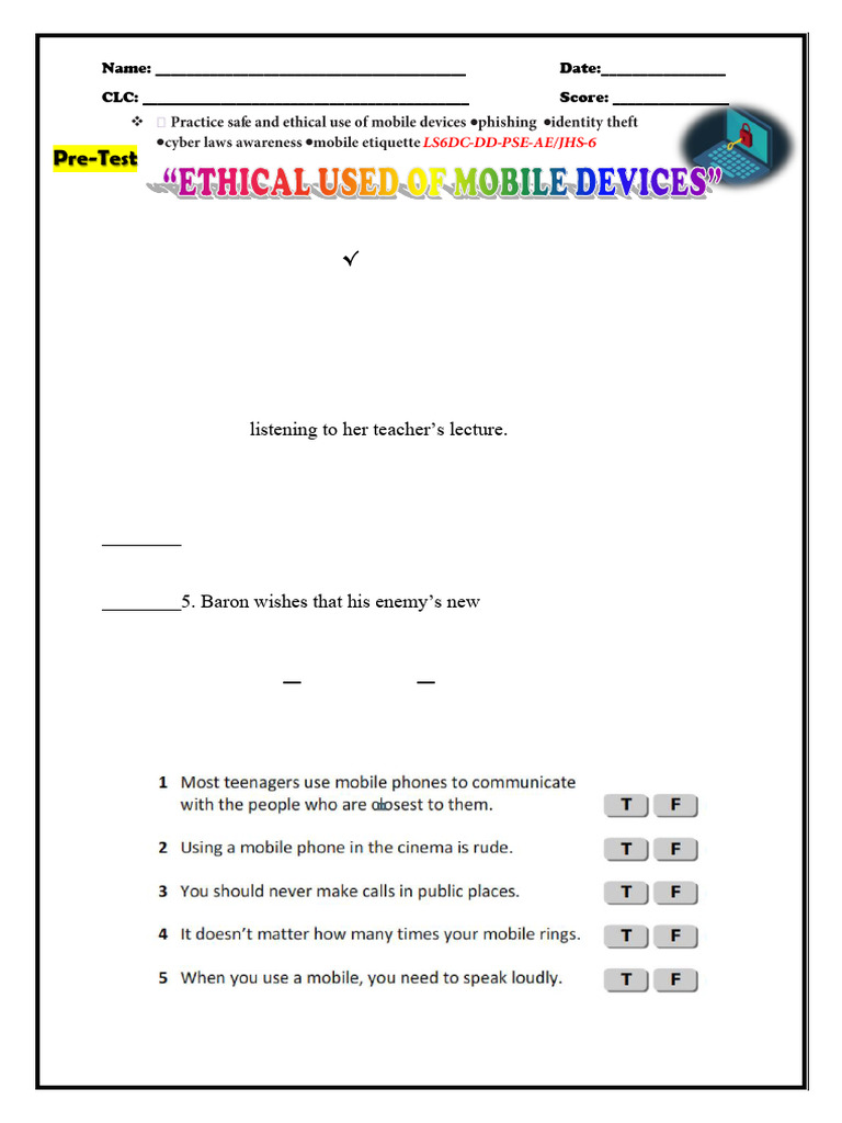 LS6 Worksheets AE-JHS (Ethical Use of Mobile Devices) | PDF | Phishing | Cybercrime