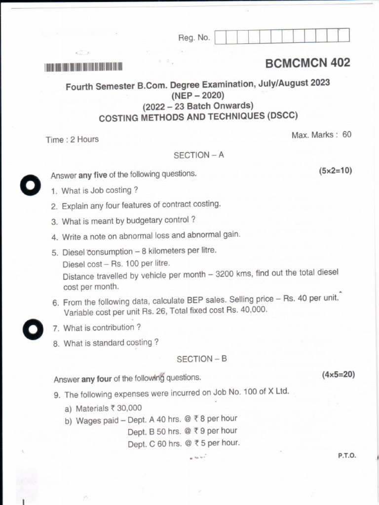 BCOM IV Semester Costing Methods and Techniques NEP July 2023 | PDF