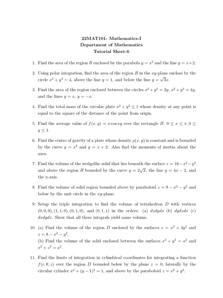 MAT101 2024 Tutorial sheet-6 | PDF | Area | Geometry