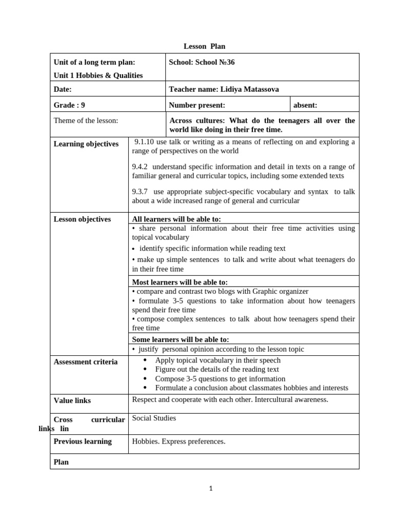 Lesson Plan: Teenagers' Hobbies Worldwide | PDF | Cognition | Learning