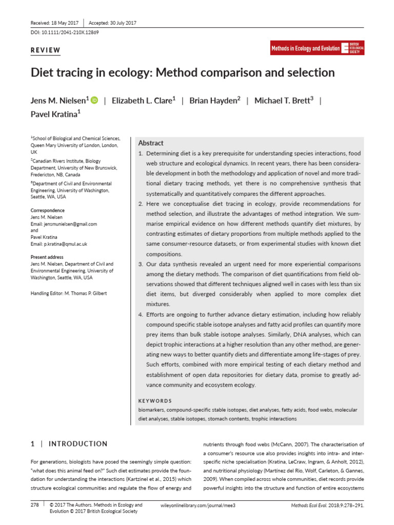 Methods Ecol Evol - 2017 - Nielsen - Diet tracing in ecology Method comparison and selection ...