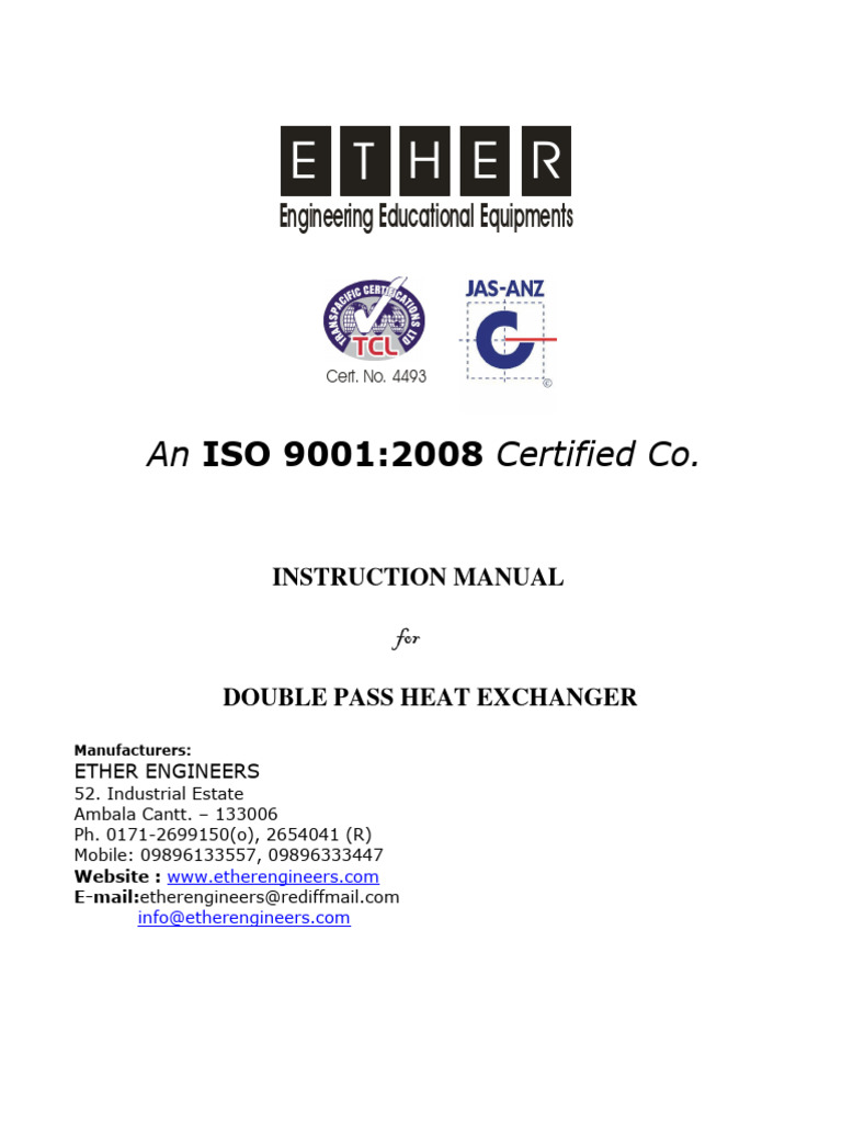 Double Pass Heat Exchanger Manual | PDF | Heat Transfer | Fluid Dynamics