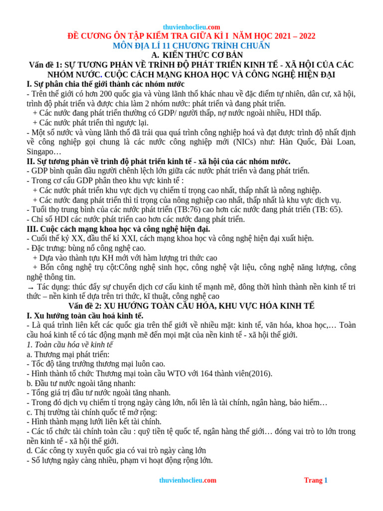 De Cuong On Tap Dia 11 Giua HK1 Hay | PDF