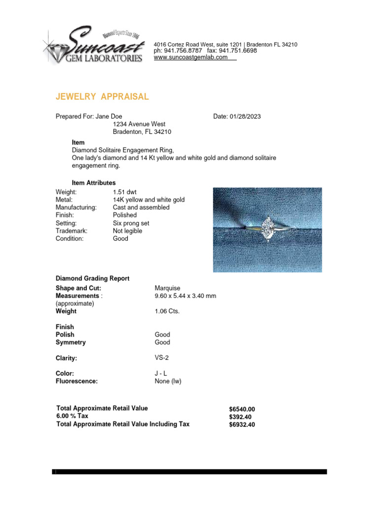 Jewelry Appraisal Certificate for Jane Doe | PDF