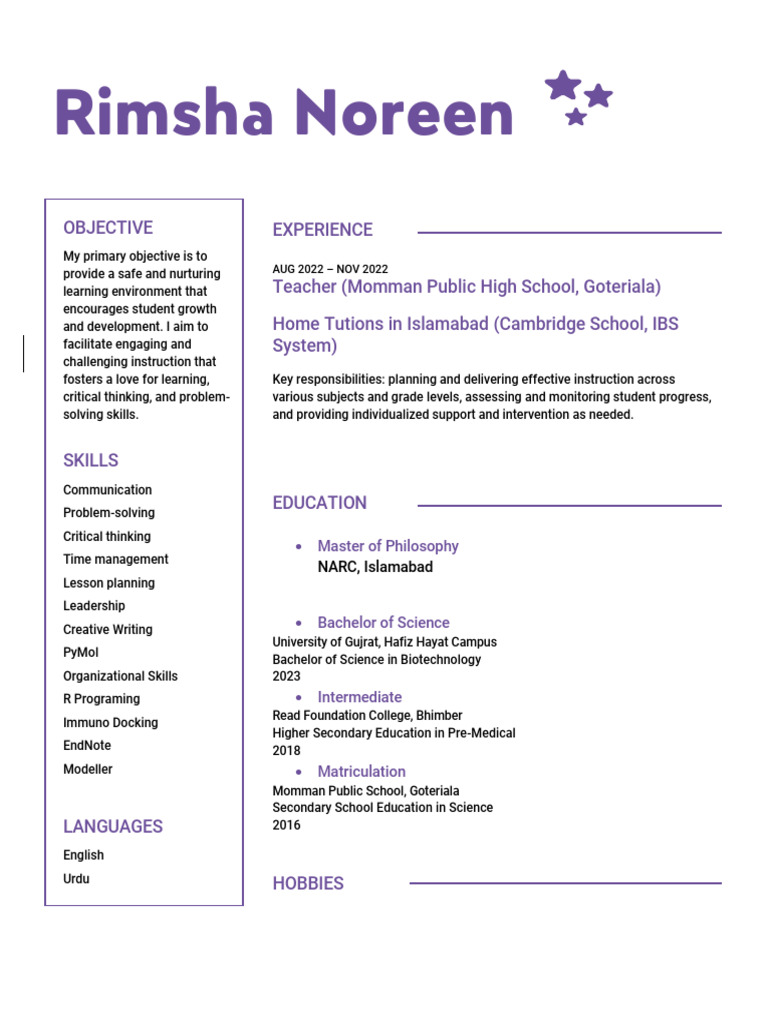Rimsha Noreen CV.I | PDF | Cognition | Behavior Modification