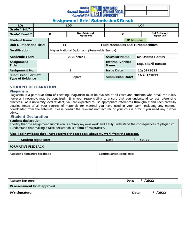 Fluid Mechanics - REN Ass. 3 2022 | PDF | Pump | Turbine