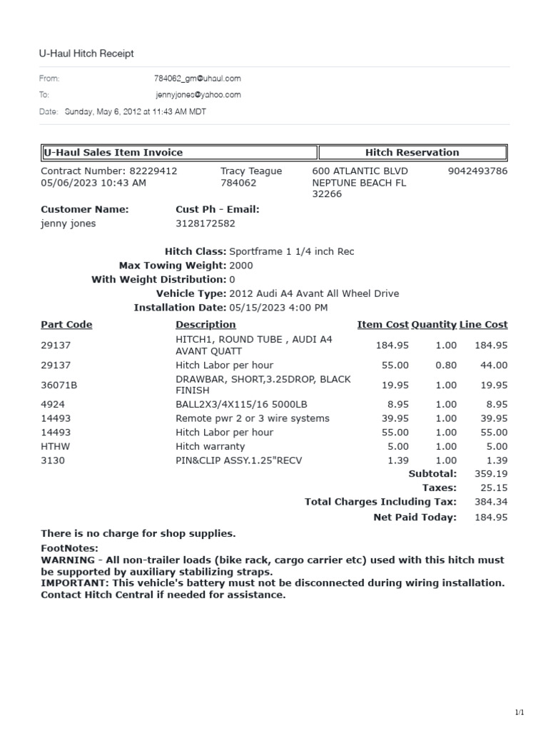 Uhaul Invoice Template 2 | PDF | Motor Vehicle | Vehicles