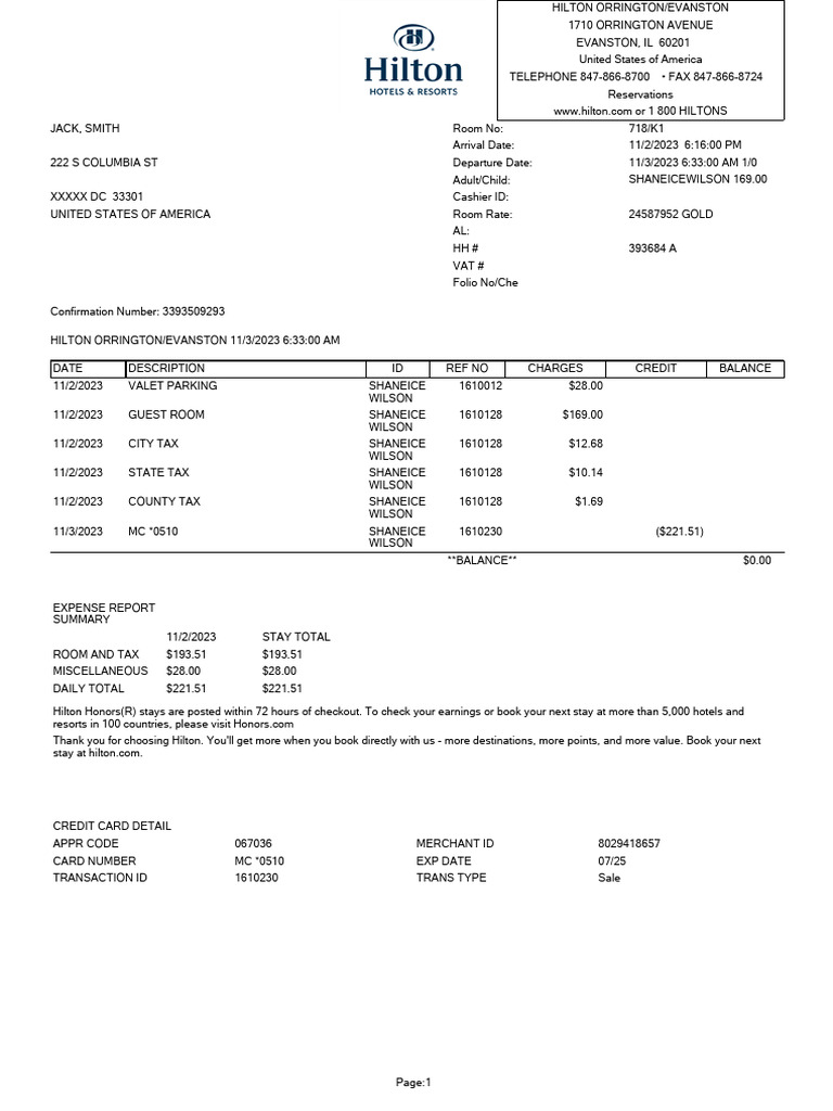 Hilton Hotel Guest Folio Invoice Template | PDF | Hilton Worldwide ...