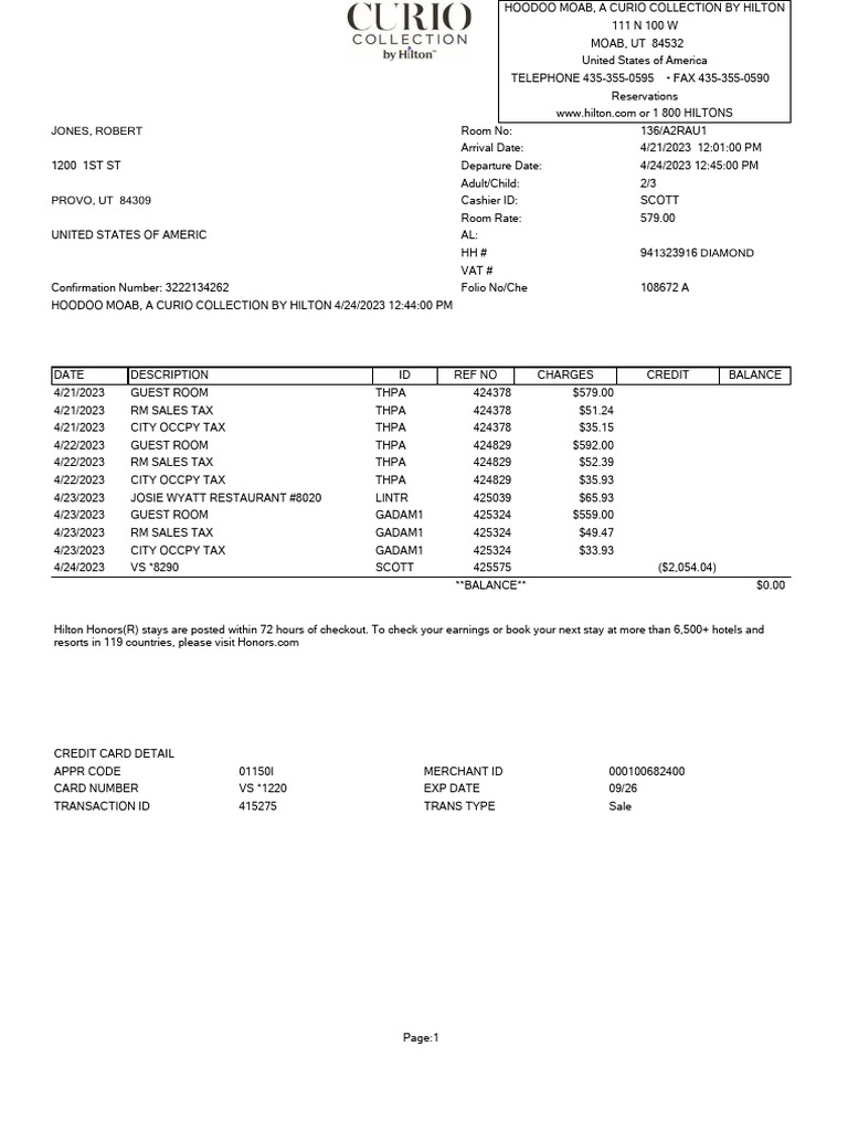 Hilton Hotel Guest Folio Example | PDF | Business | Banking Technology