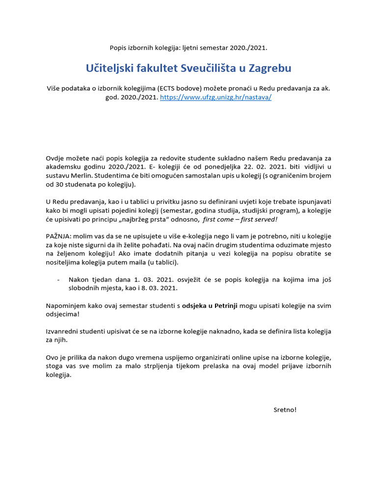 UFZG_Popis izbornih kolegija 2020-2021 | PDF