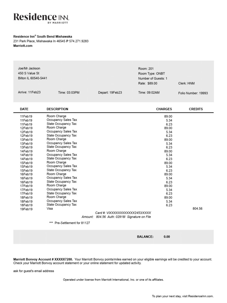 Residence Inn Receipt - Feb 2023 | PDF | Marriott International | Payments