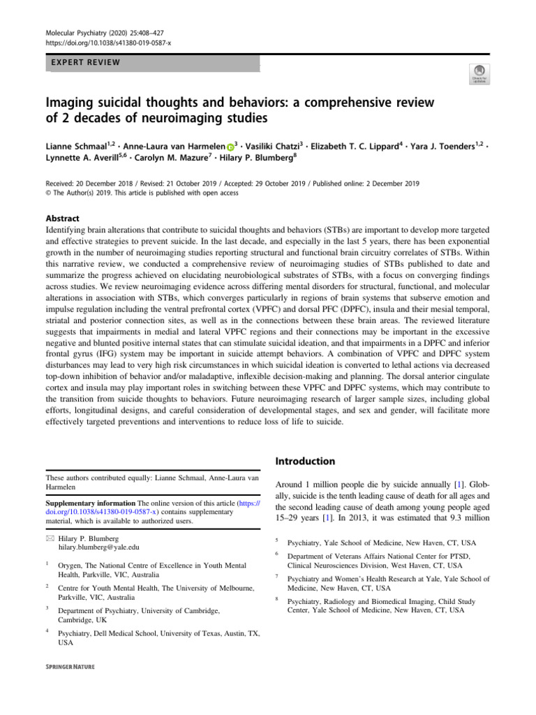 Imaging Suicidal Thoughts and Behaviors: A Comprehensive Review of 2 ...