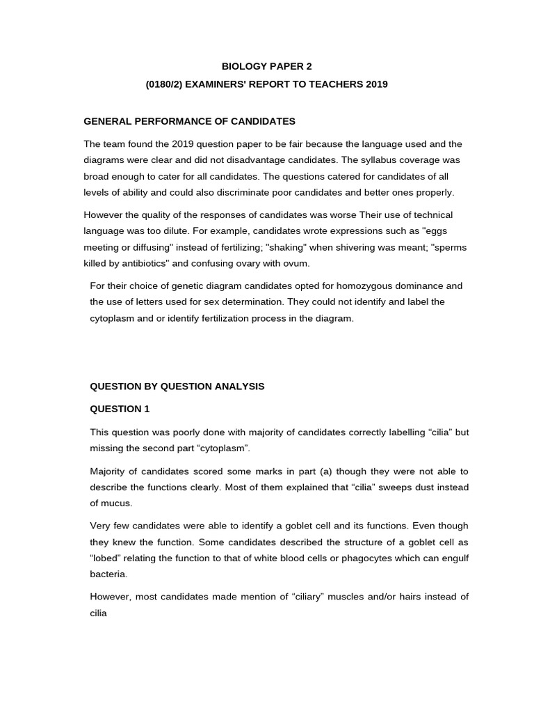 0180 Paper 2 Examiners' Report 2019 Edited | PDF | Fertilisation | Biology