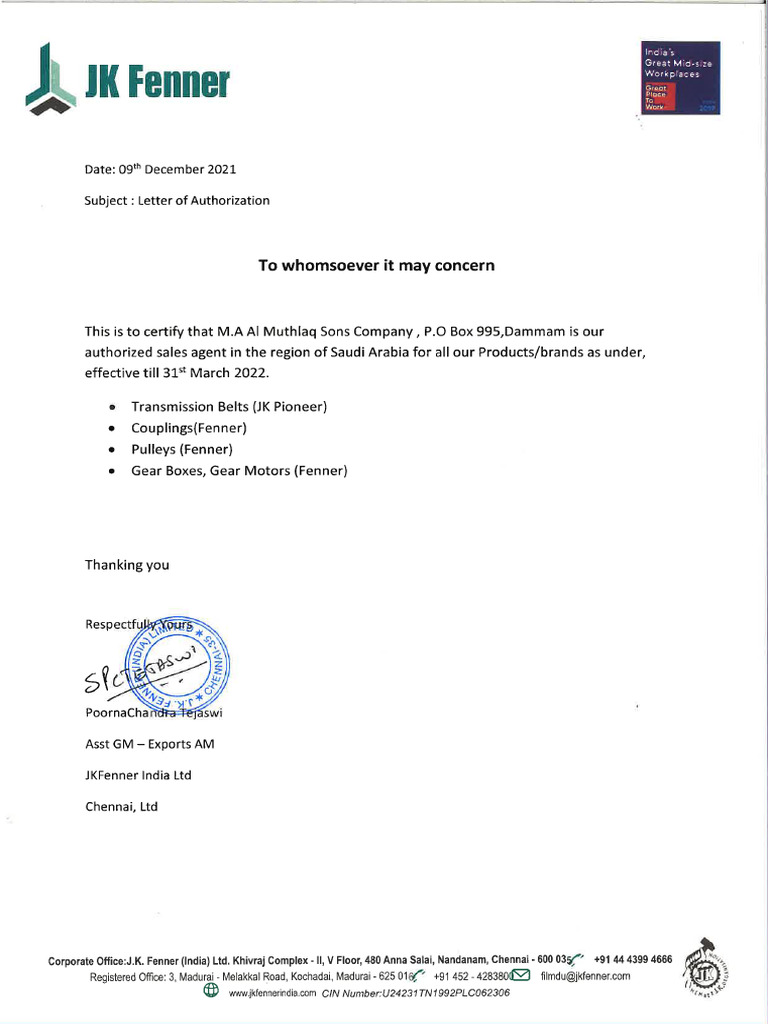 JK Fenner Agency Letter 2022 | PDF