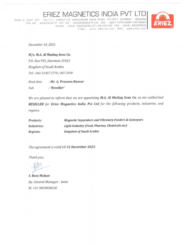 Eriez Agency Letter 2022-23) | PDF
