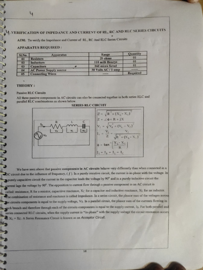 Verification of Impedeance and Current of RL, RC and RLC Series Circuit | PDF | Electrical ...
