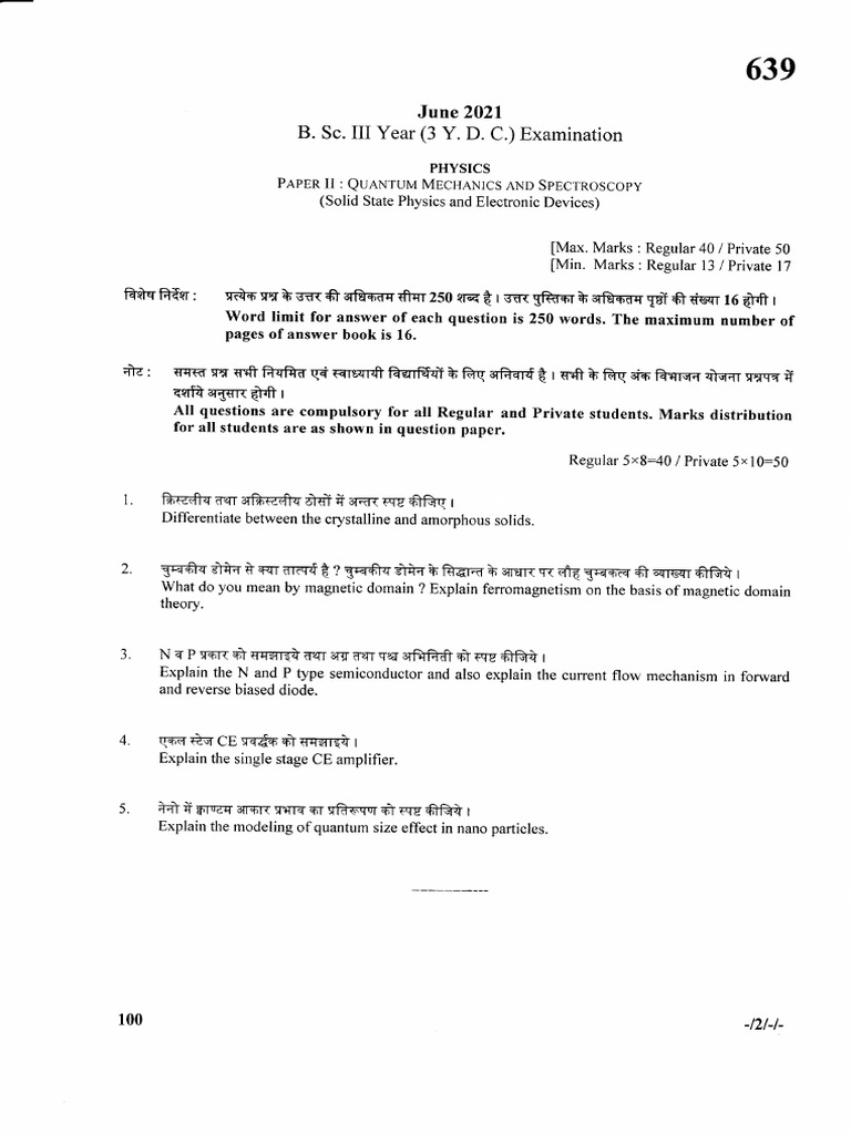 2021 BSC 3 Year Physics Quantum Mechanics and Spectroscopy 639 Jun 2021 ...