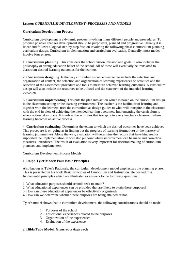 CURRICULUM-DEVELOPMENT_-PROCESSES-AND-MODELS | PDF | Curriculum ...