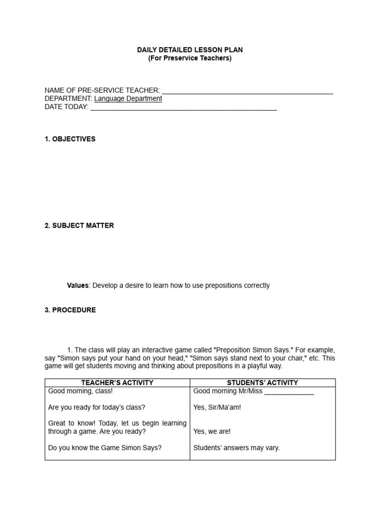 MIDTERM-WEEK-1-MODEL-LESSON-PLAN | PDF | Lesson Plan | Preposition And Postposition