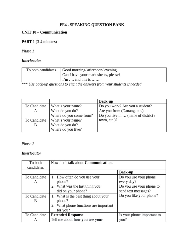 Unit 10 - Fe4 Speaking Question Bank | PDF | Communication | Human ...