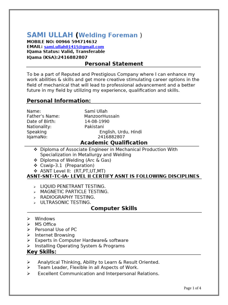 Welding Foreman Resume - Sami Ullah | PDF | Welding | Construction
