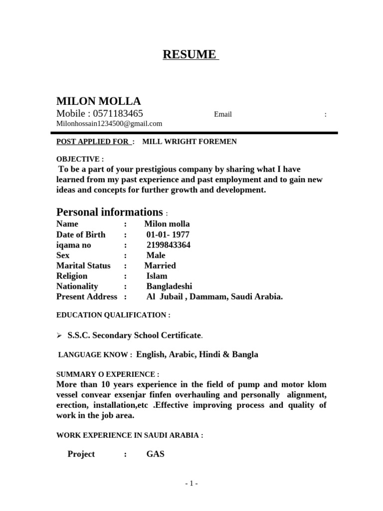 Millwright Foreman Resume | PDF | Pump | Turbomachinery