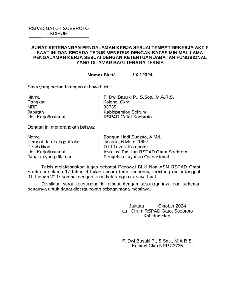 (Surat Keterangani) Format Surat Pengalaman Kerja - Uo Tni Ad Bangun | PDF