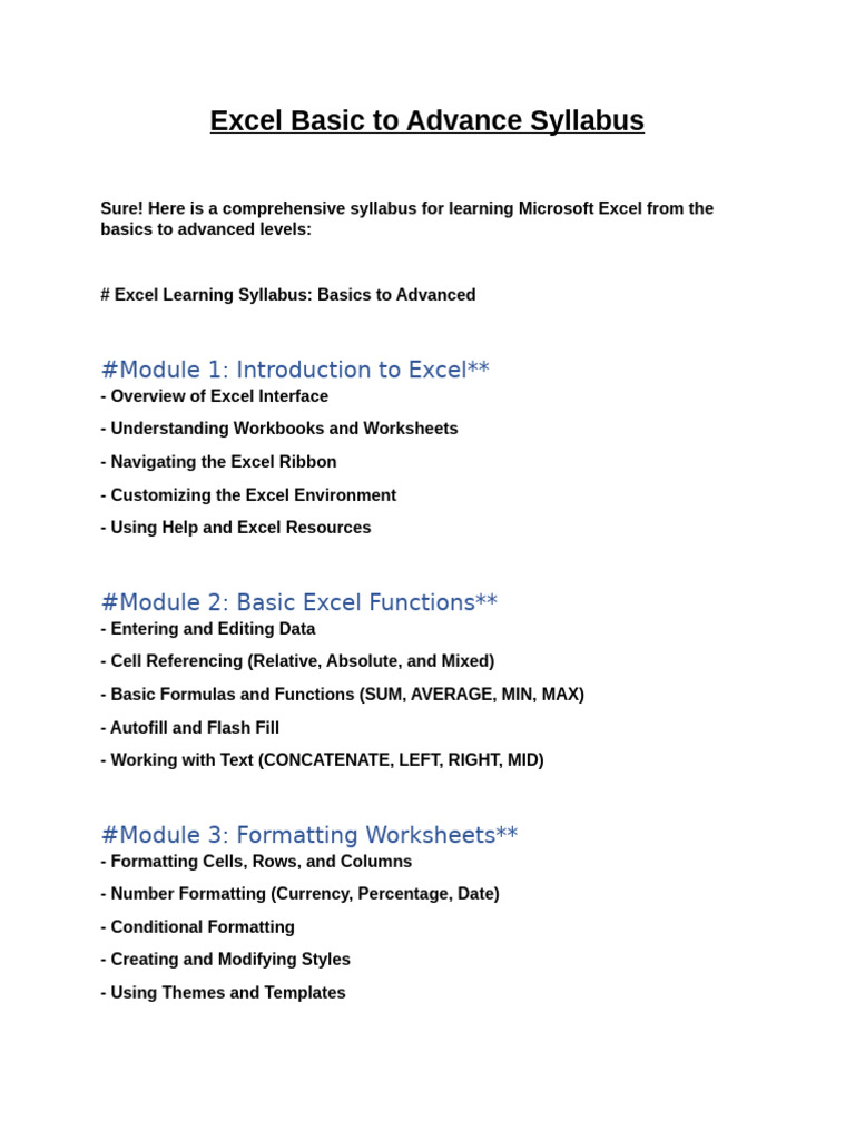 Excel Basic to Advance Syllabus | PDF | Microsoft Excel | Visual Basic For Applications