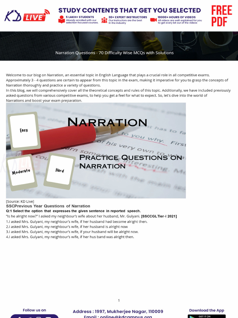 English Language Narration Questions 70 Difficulty Wise Mcqs With ...