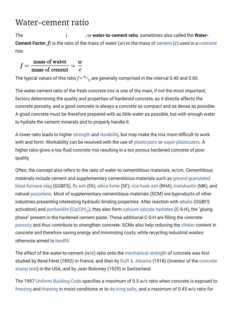 Water–cement ratio - Wikipedia (1) | PDF | Building Technology | Materials