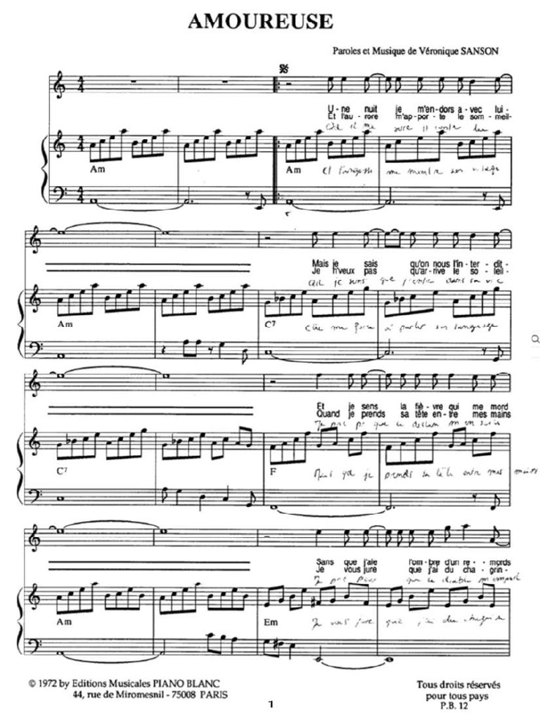 Amoureuse - Véronique Sanson - Piano | PDF