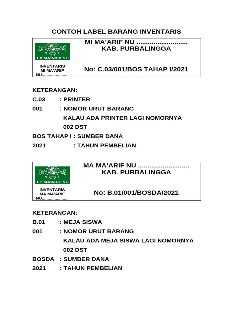 Contoh Label Barang Inventaris | PDF