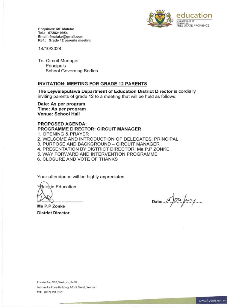 Invitation To Meeting For Grade 12 Parents | PDF
