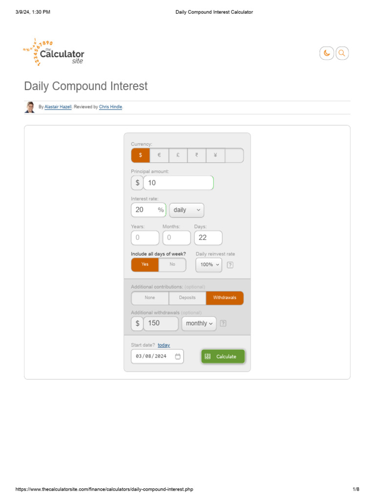Daily Compound Interest Calculator 10 DM | PDF | Interest | Compound ...