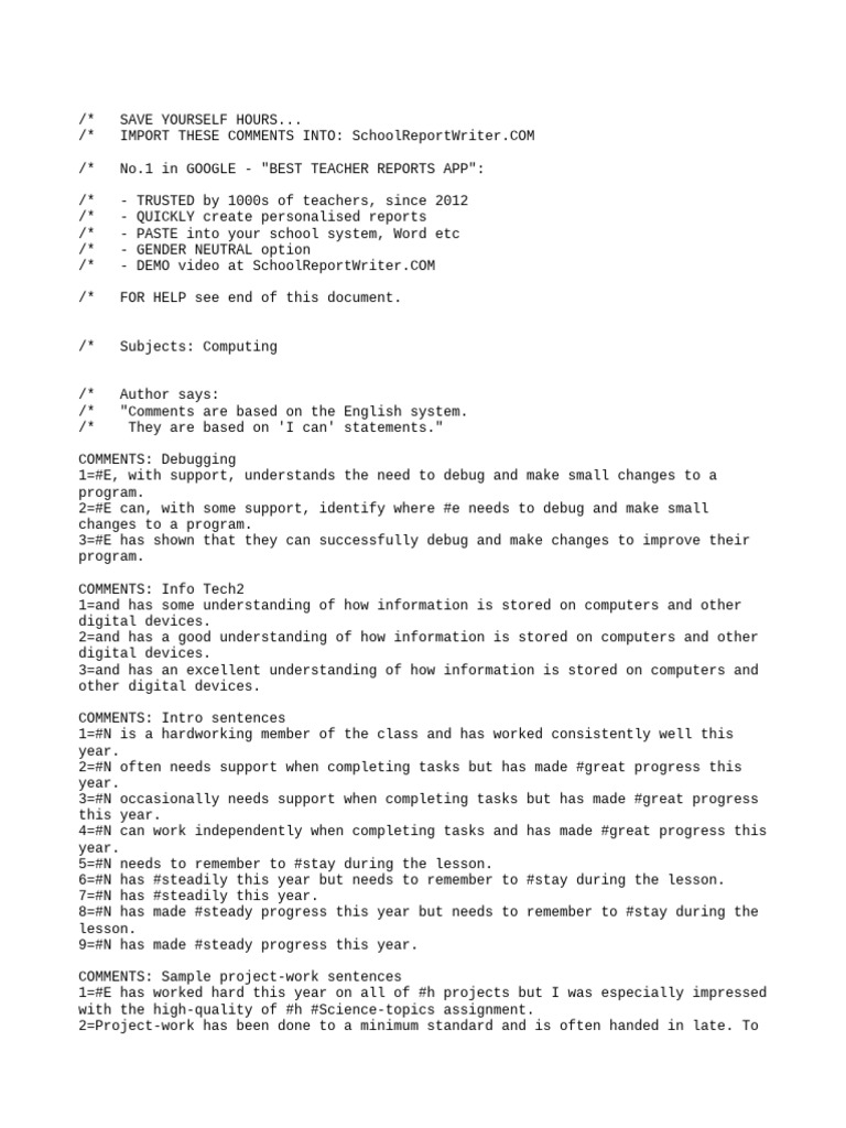 SchoolReportWriter DotCOM Comment Bank Computing-2 | PDF | Computer Programming | World Wide Web