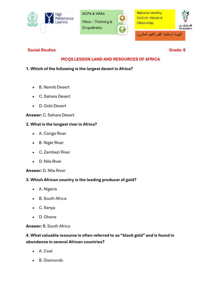 GR 8 SST AND NI WORKSHEET-2024 | PDF | United Arab Emirates | Africa